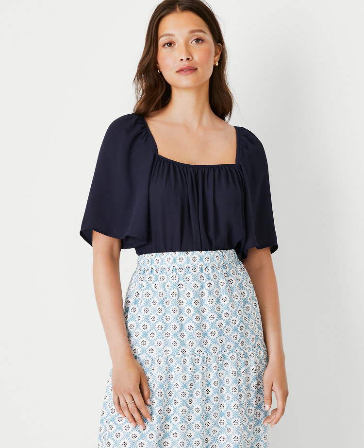 Mixed Media Square Neck Flare Sleeve Top