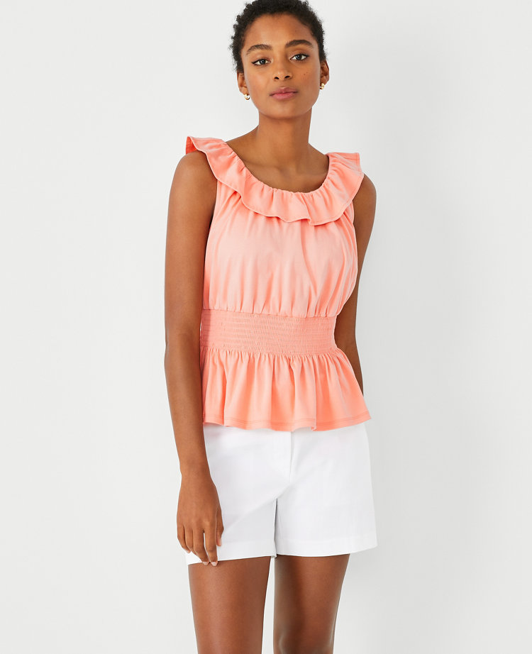 Smocked Waist Ruffle Neck Shell