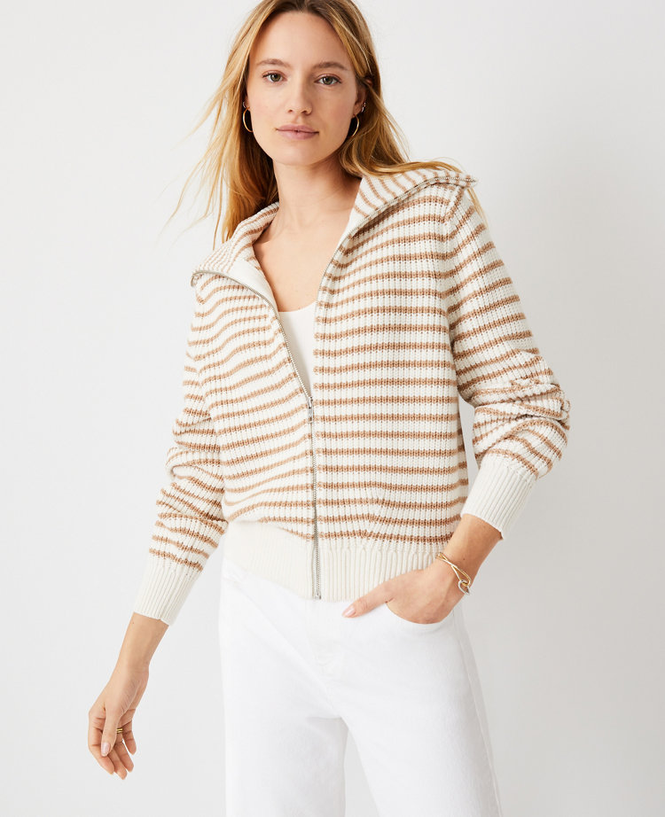 Petite Striped Zip Front Sweater