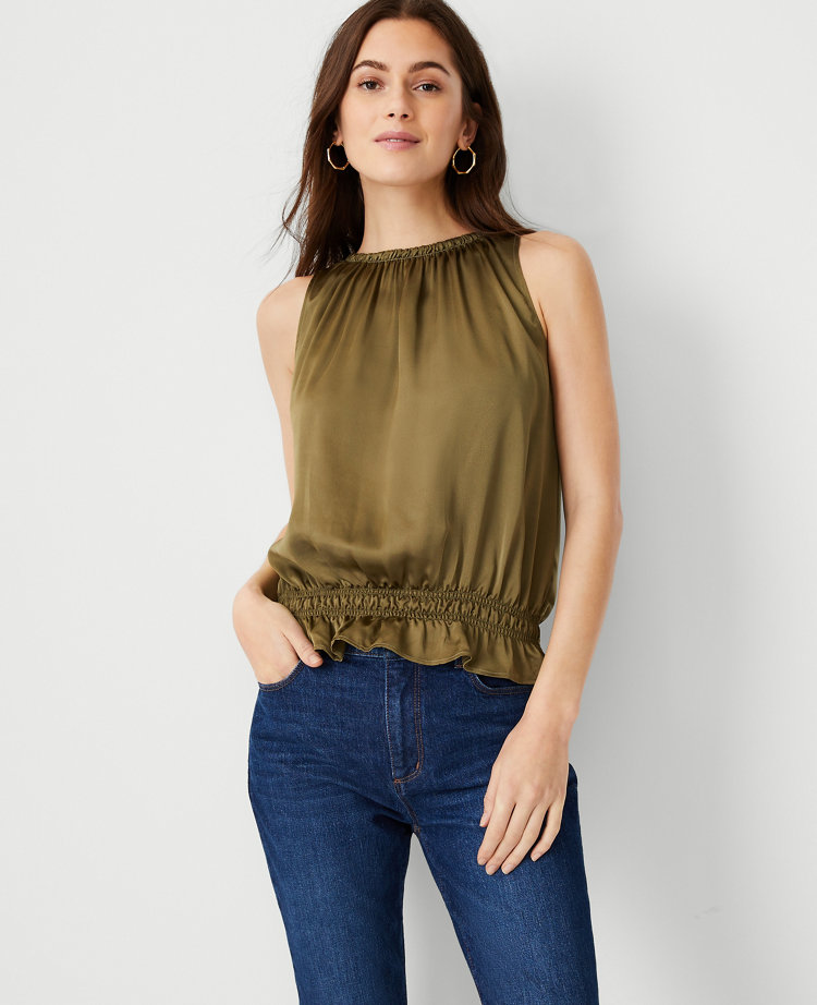 Mixed Media Smocked Waist Shell