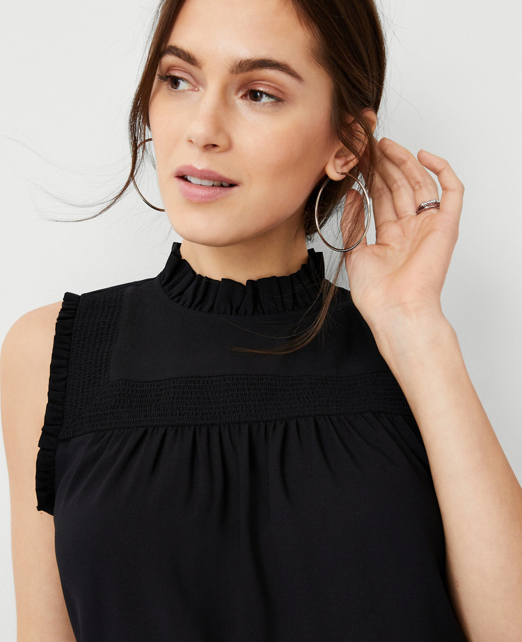 Smocked Yoke Ruffle Neck Shell