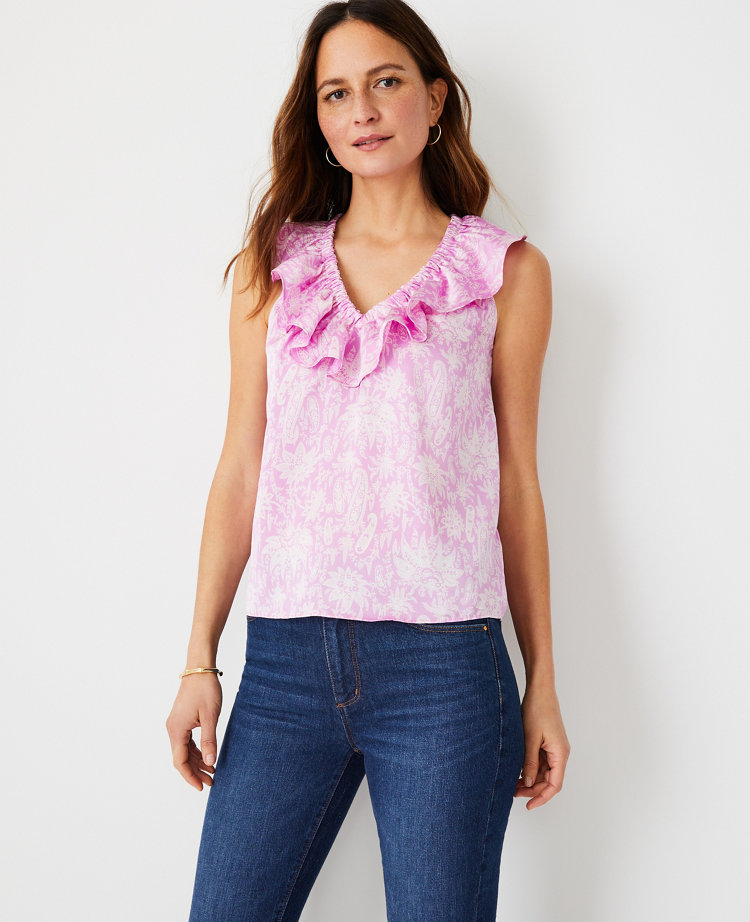 Petite Paisley Ruffle V-Neck Shell