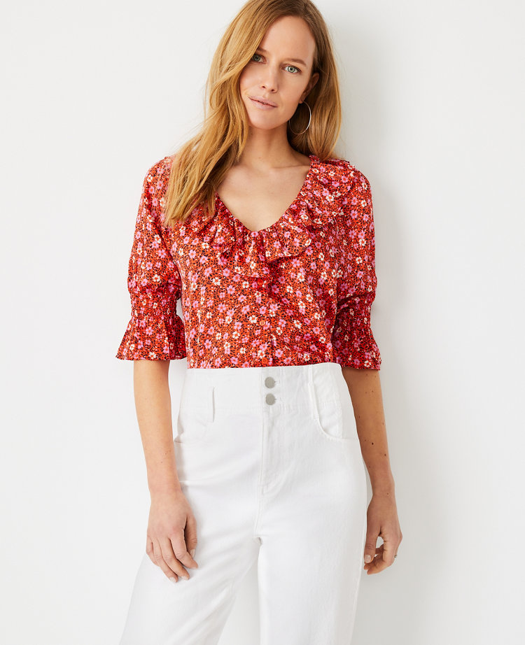 Tall Floral Ruffle V-Neck Top