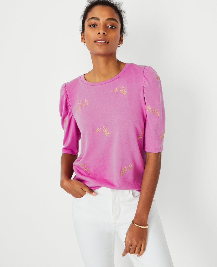 Petite Embroidered Puff Sleeve Sweatshirt