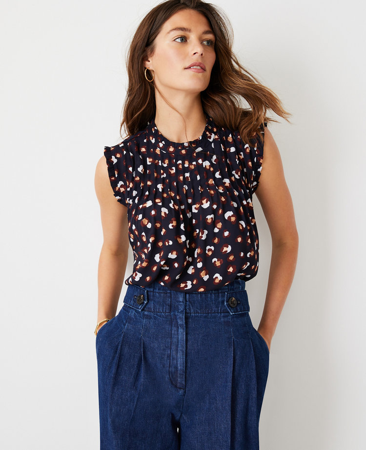 Petite Animal Print Mixed Media Pintucked Shell