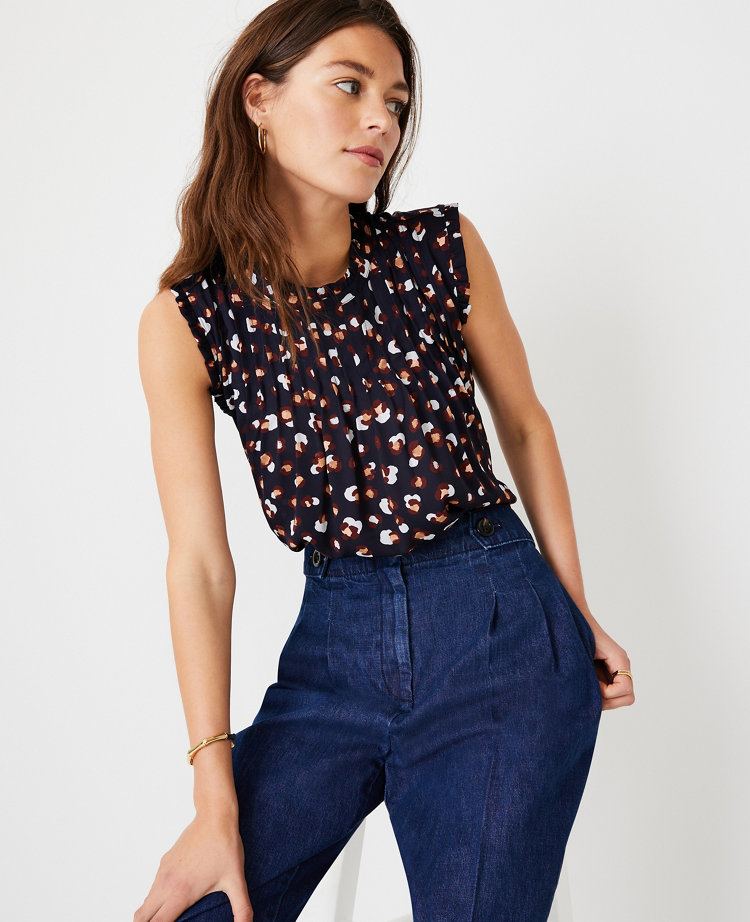 Petite Animal Print Mixed Media Pintucked Shell