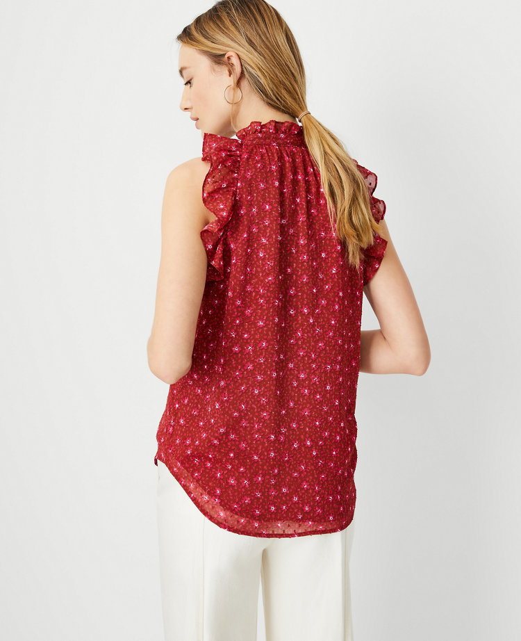 Petite Floral Ruffle Tie Split Neck Shell