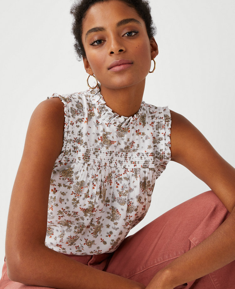 Petite Floral Smocked Yoke Ruffle Neck Shell