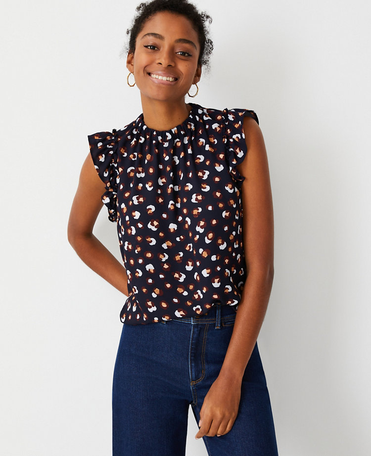 Tall Animal Print Ruffle Sleeve Shell