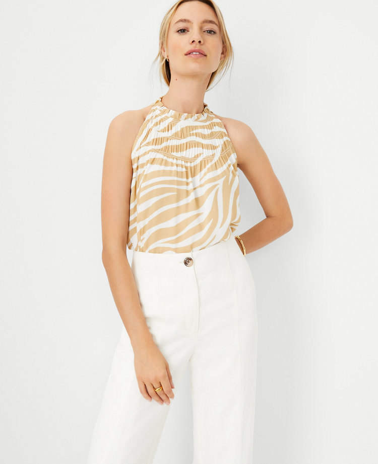 Zebra Print Ruffle Smocked Neck Shell