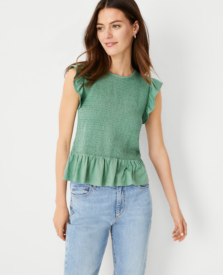 Smocked Ruffle Shoulder Peplum Shell