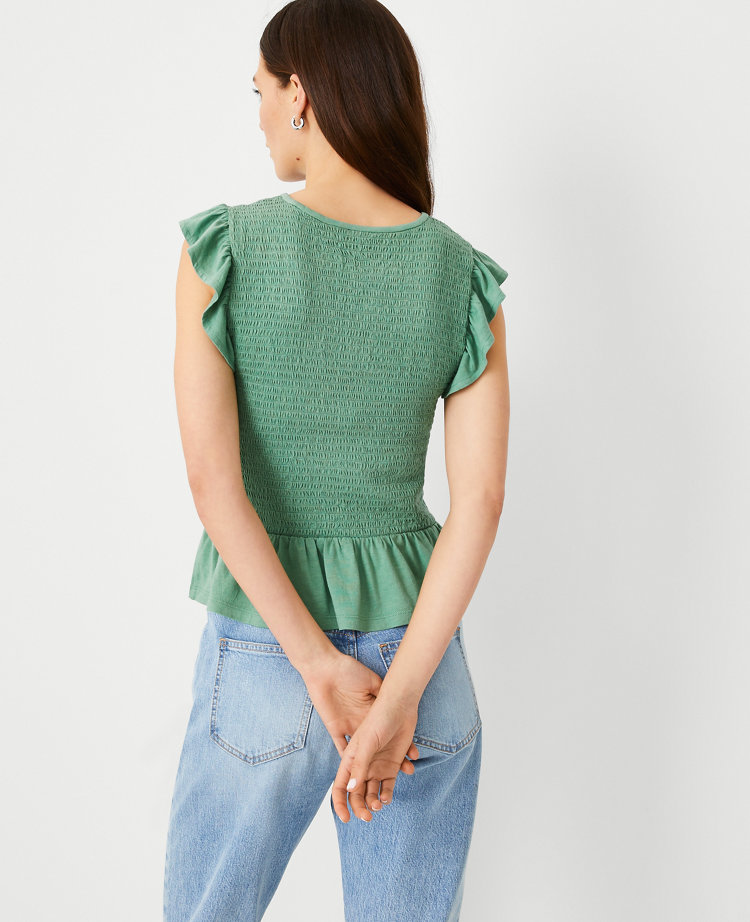 Smocked Ruffle Shoulder Peplum Shell