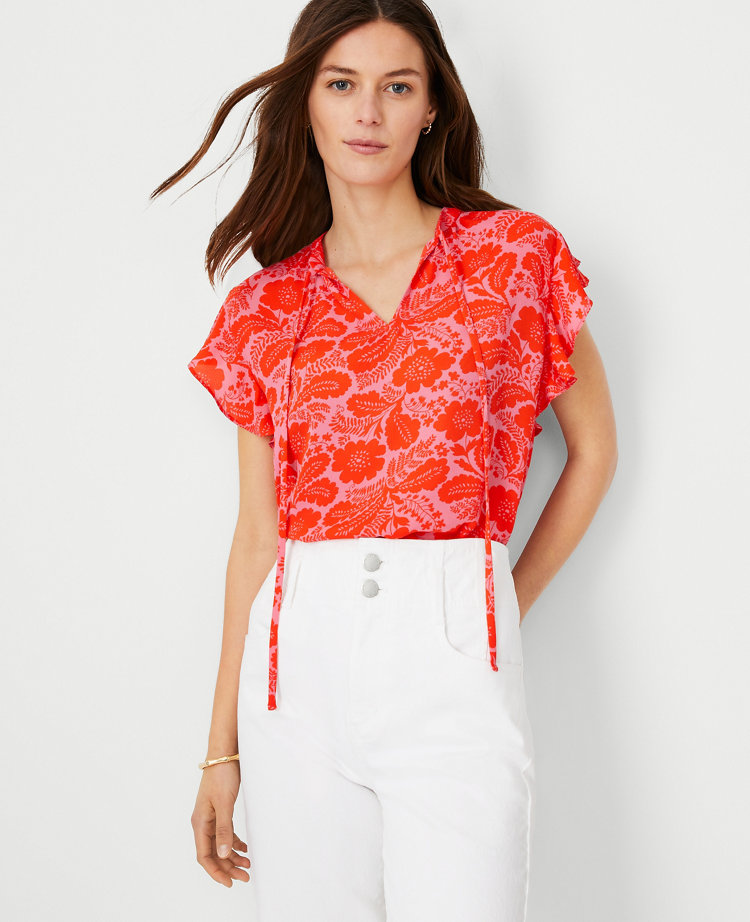 Floral Mixed Media Ruffle Sleeve Tie Neck Shell