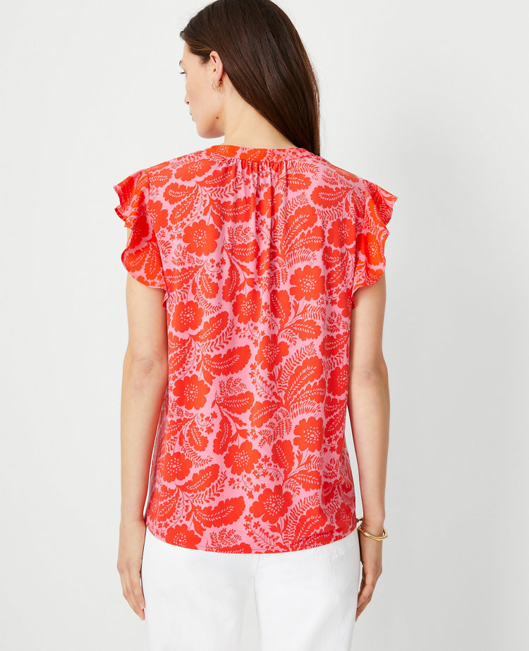Floral Mixed Media Ruffle Sleeve Tie Neck Shell