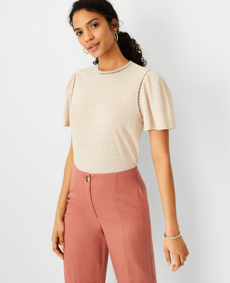 Petite Cutout Linen Crew Neck Tee