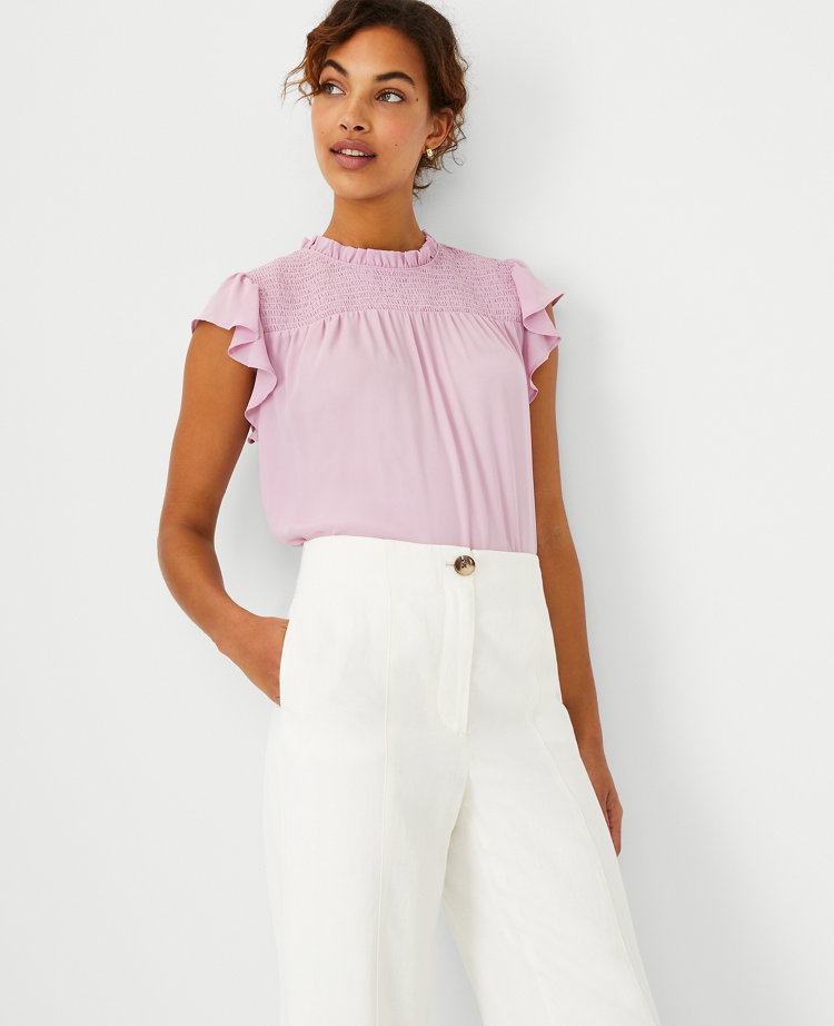 Petite Mixed Media Ruffle Smocked Shell