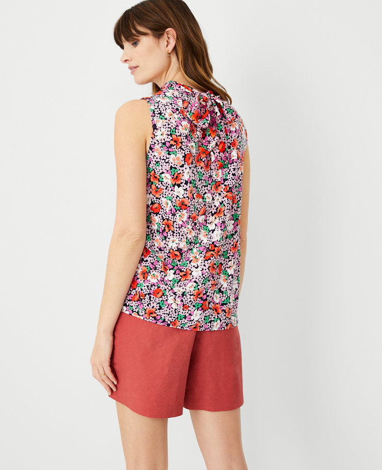 Petite Floral Mixed Media Tie Neck Shell