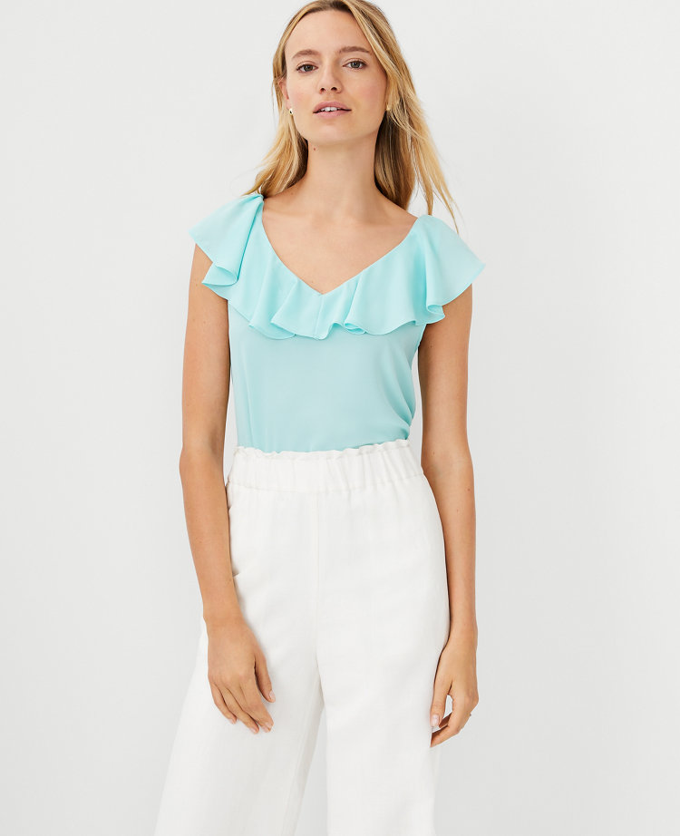 Petite Mixed Media Ruffle Neck Shell
