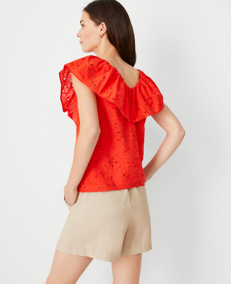 Petite Eyelet Ruffle Neck Top
