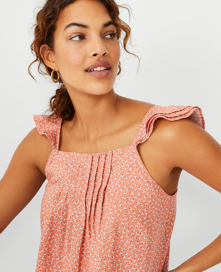 Tall Floral Linen Blend Pintucked Ruffle Tank Top