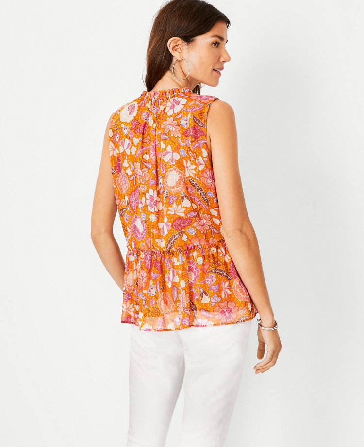 Petite Shimmer Batik Floral Tie Neck Shell