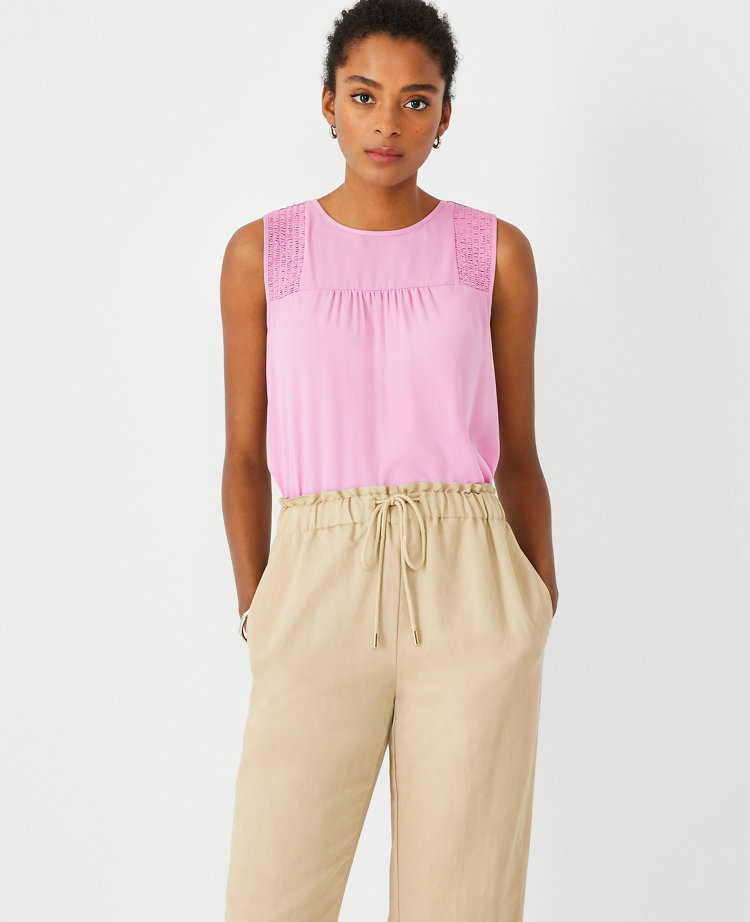 Petite Mixed Media Smocked Shoulder Shell