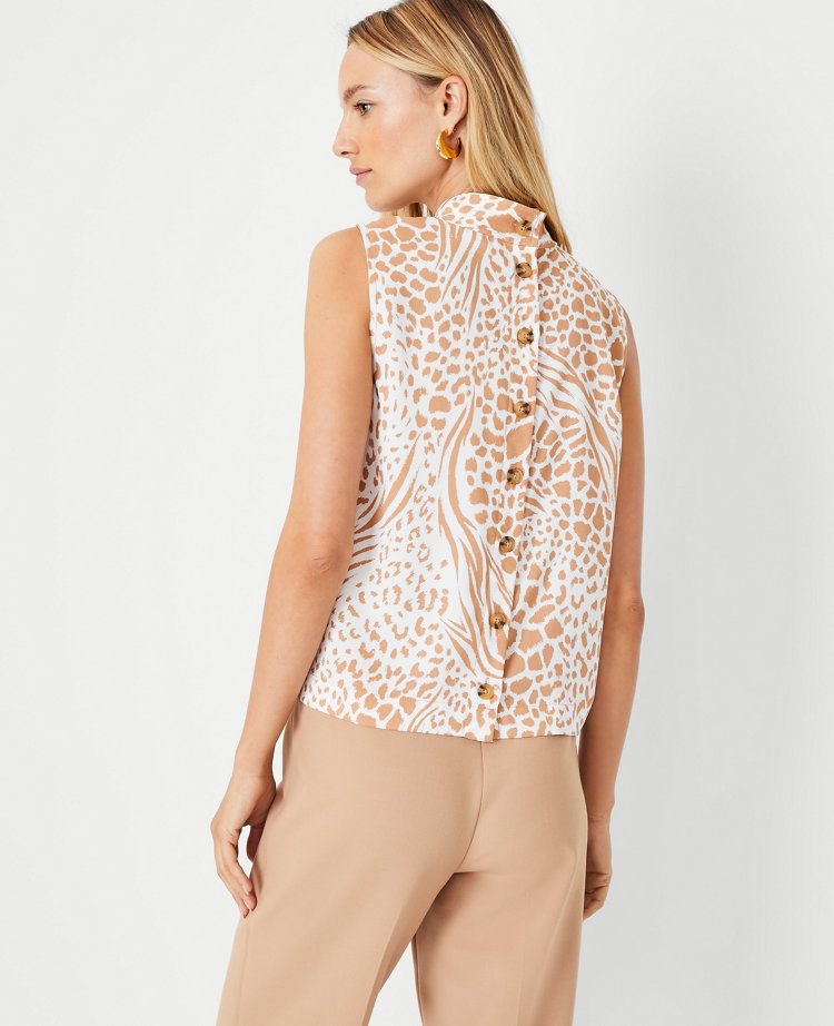 Mixed Animal Print Mock Neck Button Back Shell