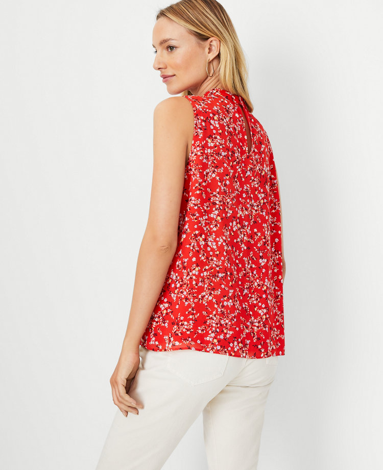 Floral Mock Neck Pintuck Yoke Shell