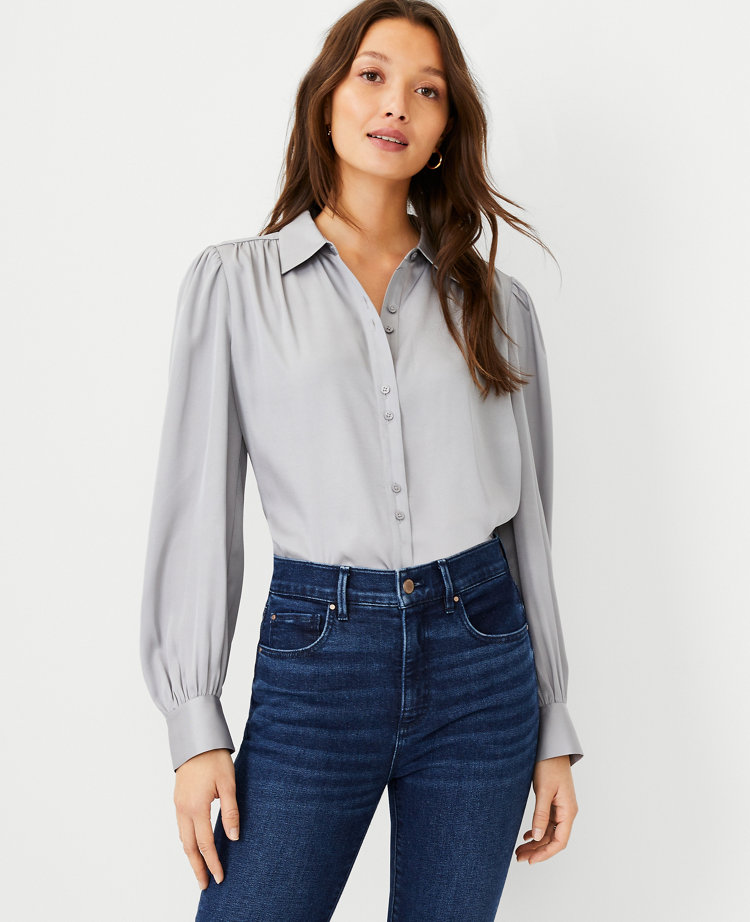 Petite Collared Button Down Blouse