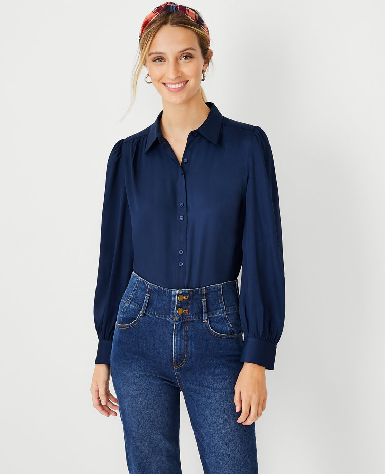 Petite Collared Button Down Blouse