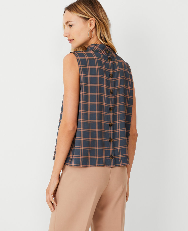 Plaid Mock Neck Button Back Shell