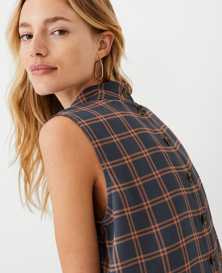 Plaid Mock Neck Button Back Shell