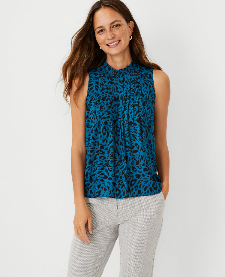 Animal Print Pintucked Mock Neck Shell