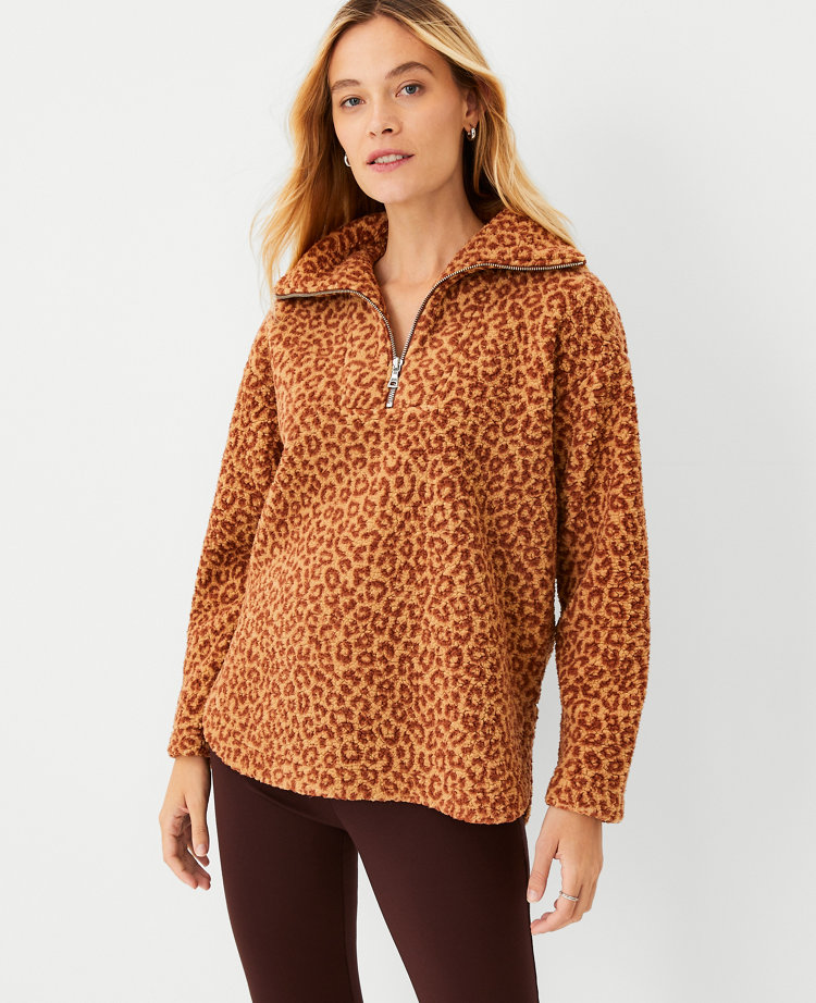 Leopard Print Sherpa Zip Sweatshirt