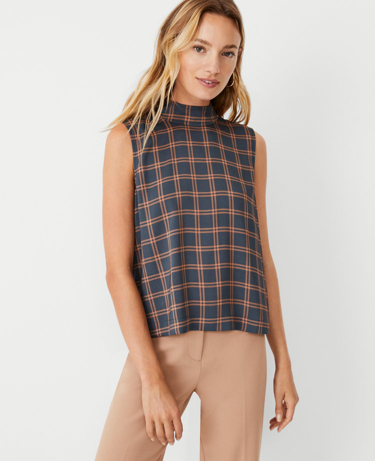 Petite Plaid Mock Neck Button Back Shell