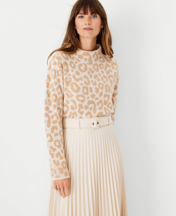 Leopard Print Cashmere Mock Neck Sweater