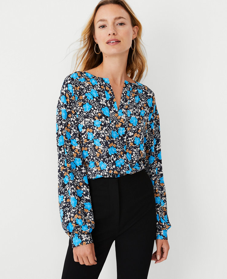 Petite Floral Seamed Split Neck Popover