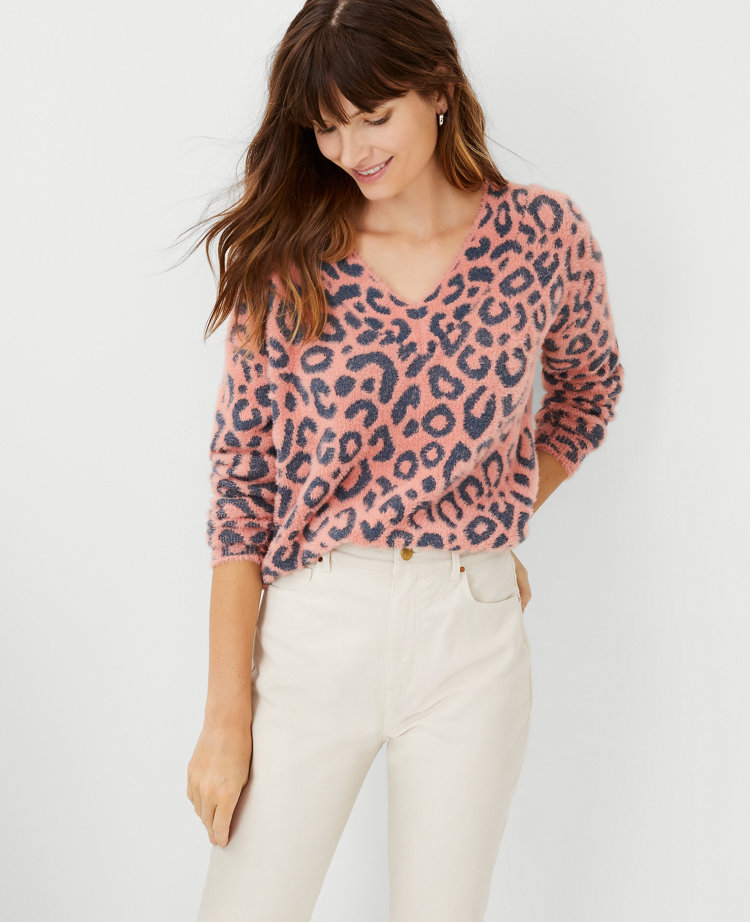 Petite Leopard Print V-Neck Sweater