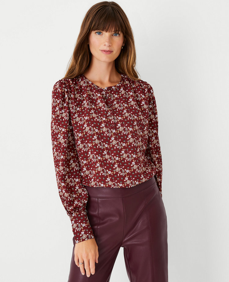 Petite Floral Mixed Media Puff Sleeve Blouse