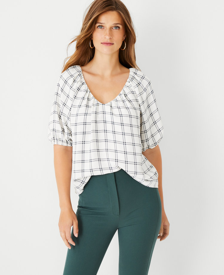 Petite Plaid Shirred V-Neck Top