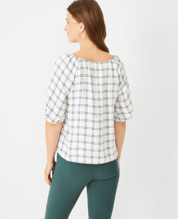 Petite Plaid Shirred V-Neck Top