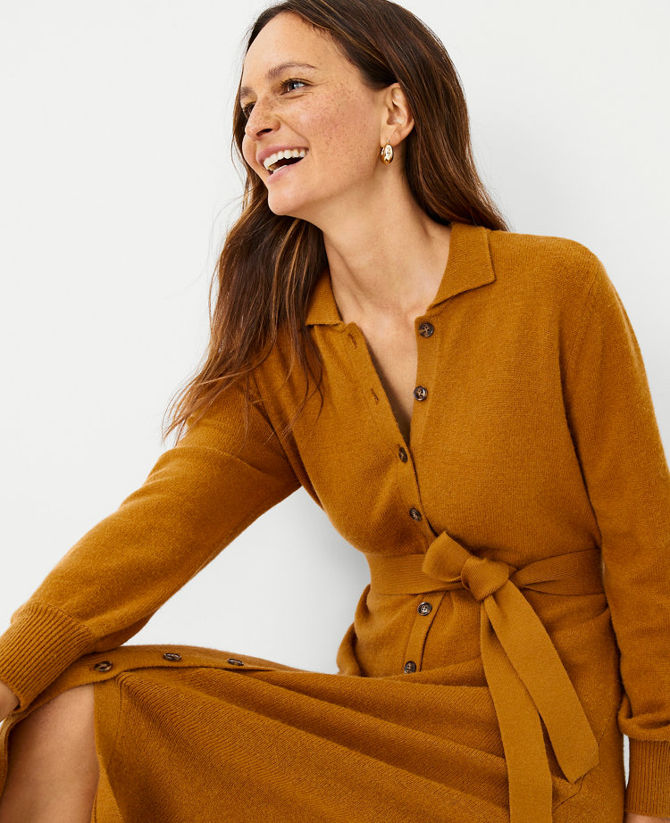 Petite Belted Button Midi Sweater Dress