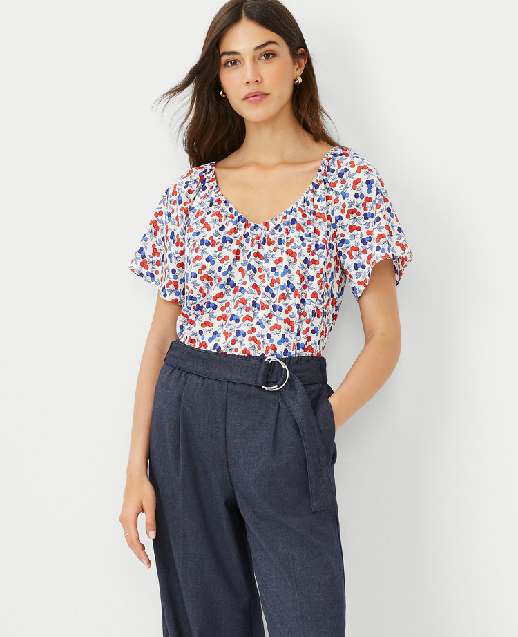 Cherry Shirred V-Neck Top