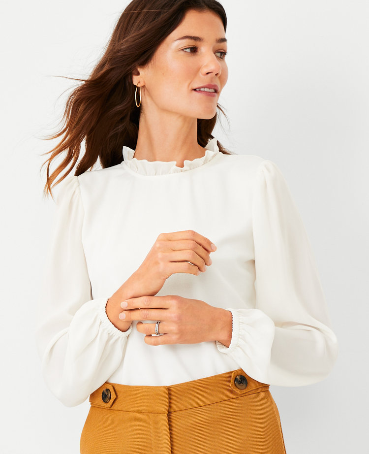 Petite Mixed Media Ruffle Neck Top