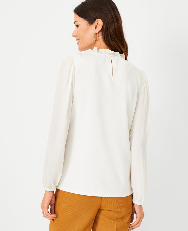 Petite Mixed Media Ruffle Neck Top