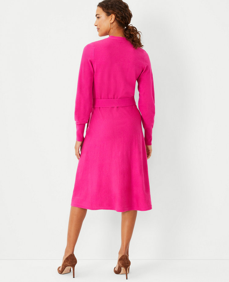 Petite Button Front Belted Flare Sweater Dress