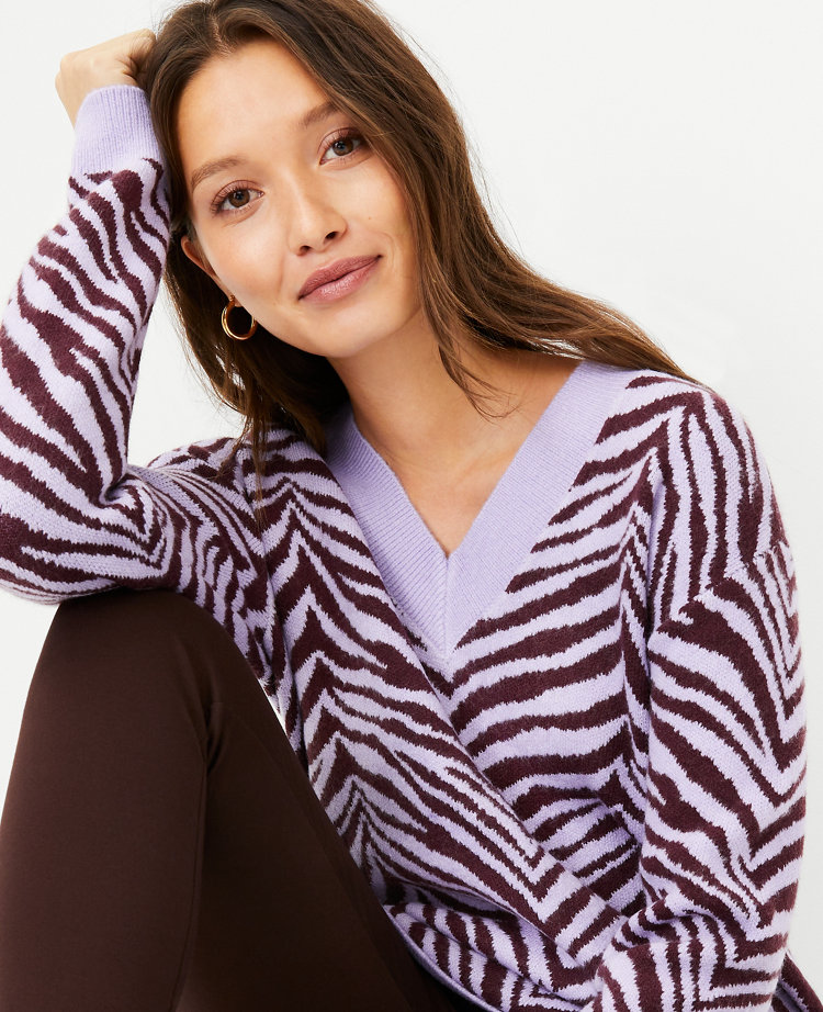 Petite Zebra Print V-Neck Tunic Sweater