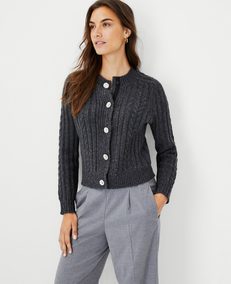 Petite Jeweled Button Cable Cardigan