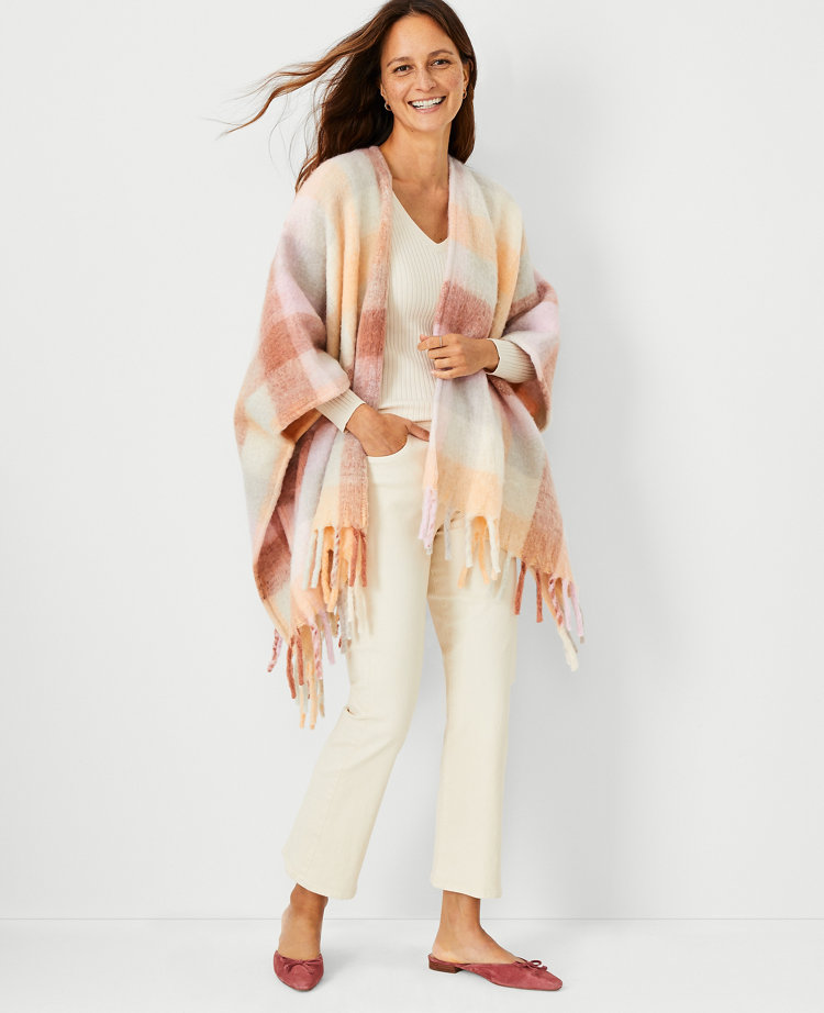 Brushed Check Fringe Poncho