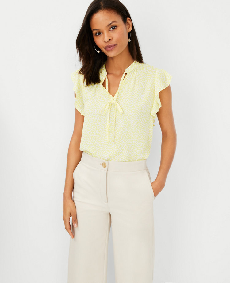 Flowerbud Mixed Media Ruffle Sleeve Tie Neck Shell